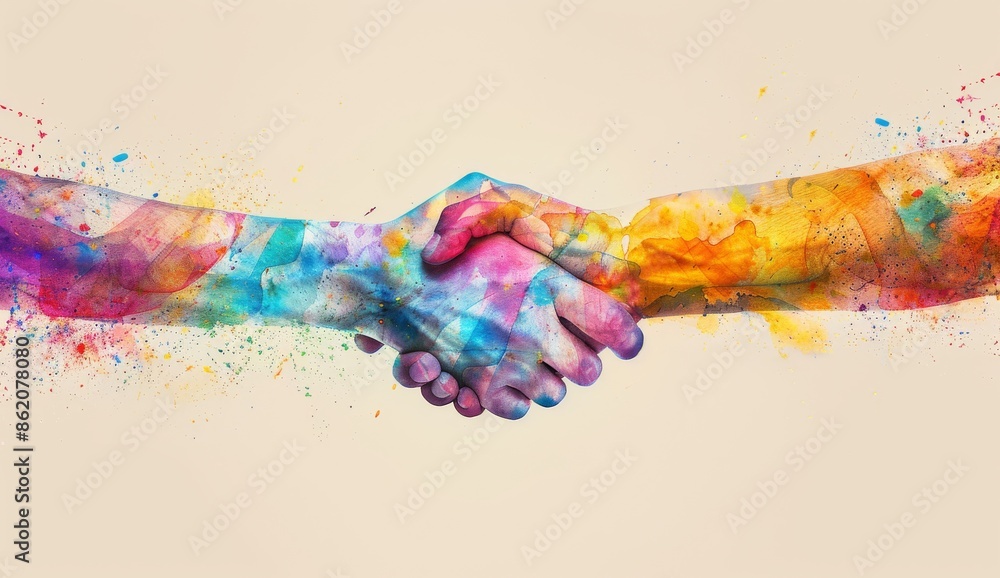 Handshake concept, two hands holding each other with colorful ...