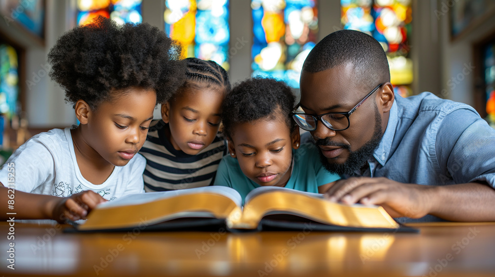 Father is teaching the bible to his three daughters in a church Stock ...