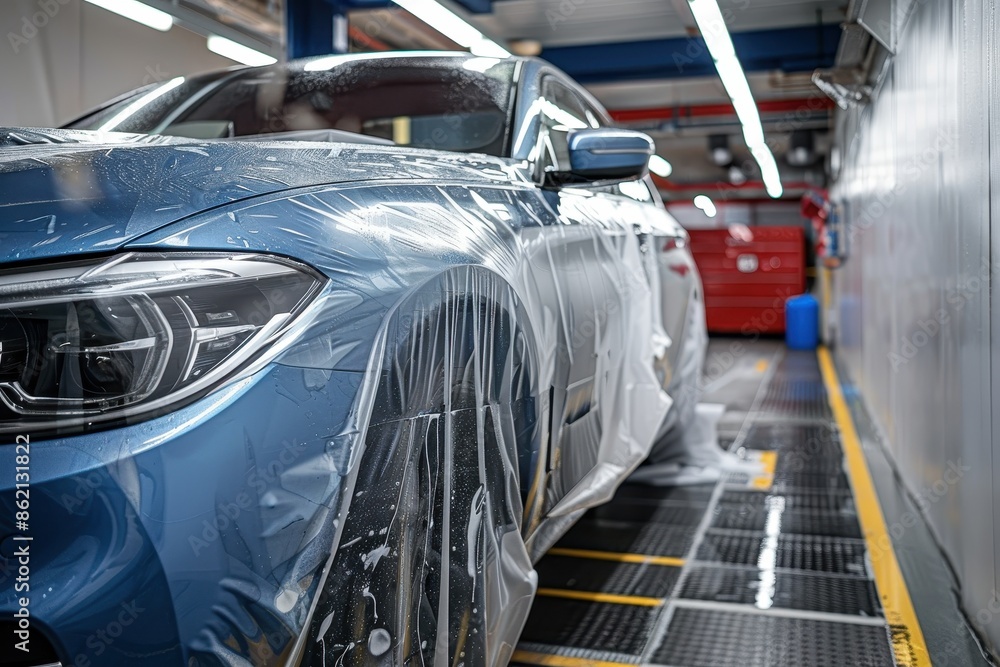An elegant blue car veiled in plastic, stationed inside a highly ...