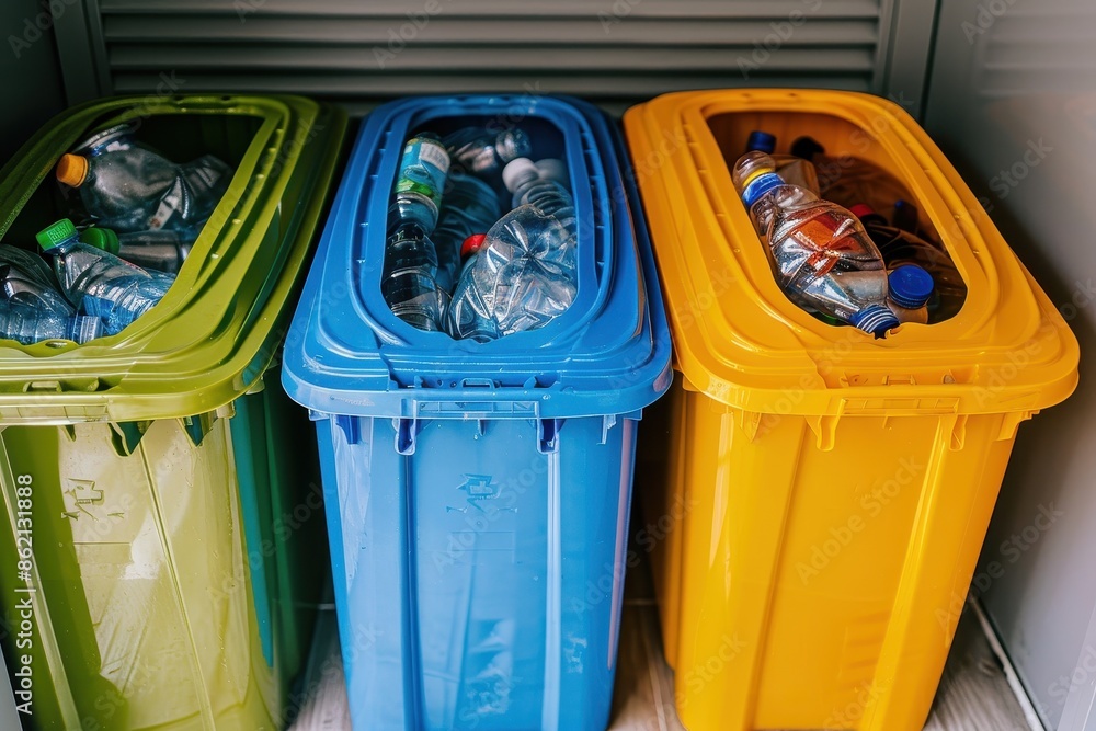 ภาพถ่าย Stock Three recycling bins (green, blue, yellow) filled with ...