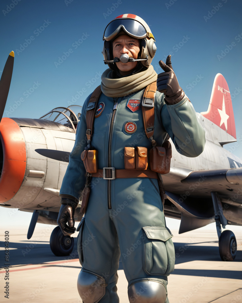Ilustración de Stock vintage fighter plane with its pilot standing ...