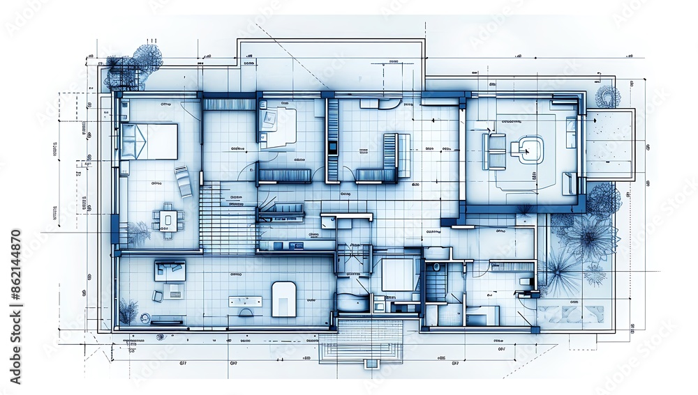 A detailed blueprint of an architectural design, showcasing the layout ...