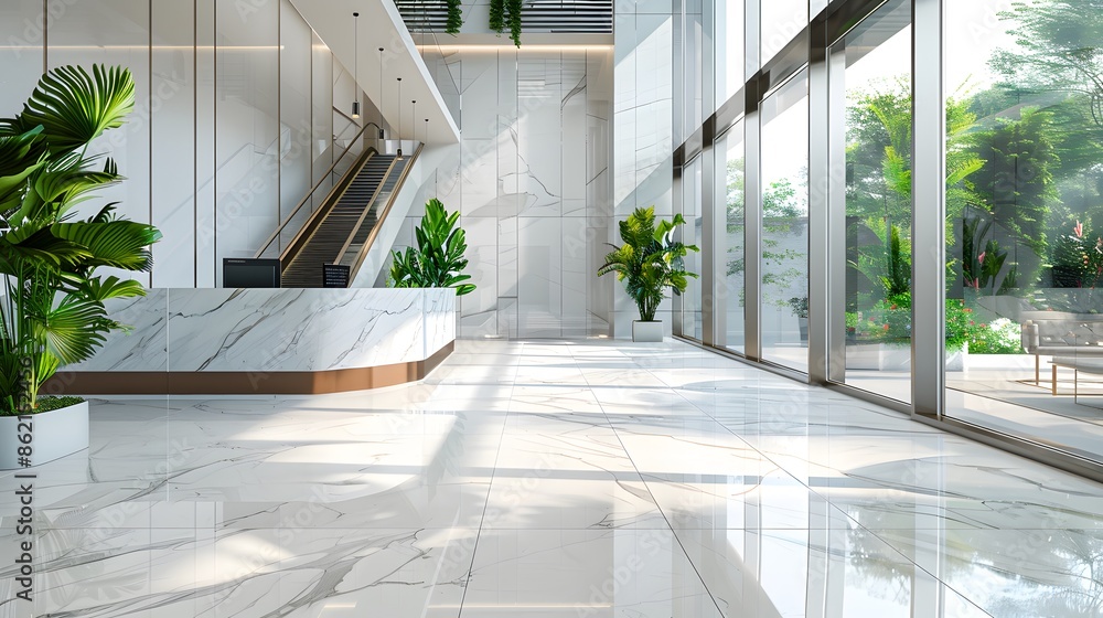 A modern office building lobby with large windows, white marble floors and a reception desk. A ...