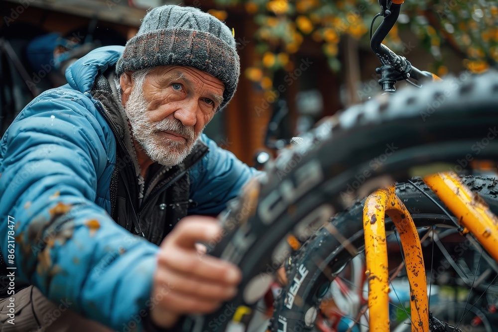 An elderly man in warm clothing carefully inspecting a bicycle in an ...