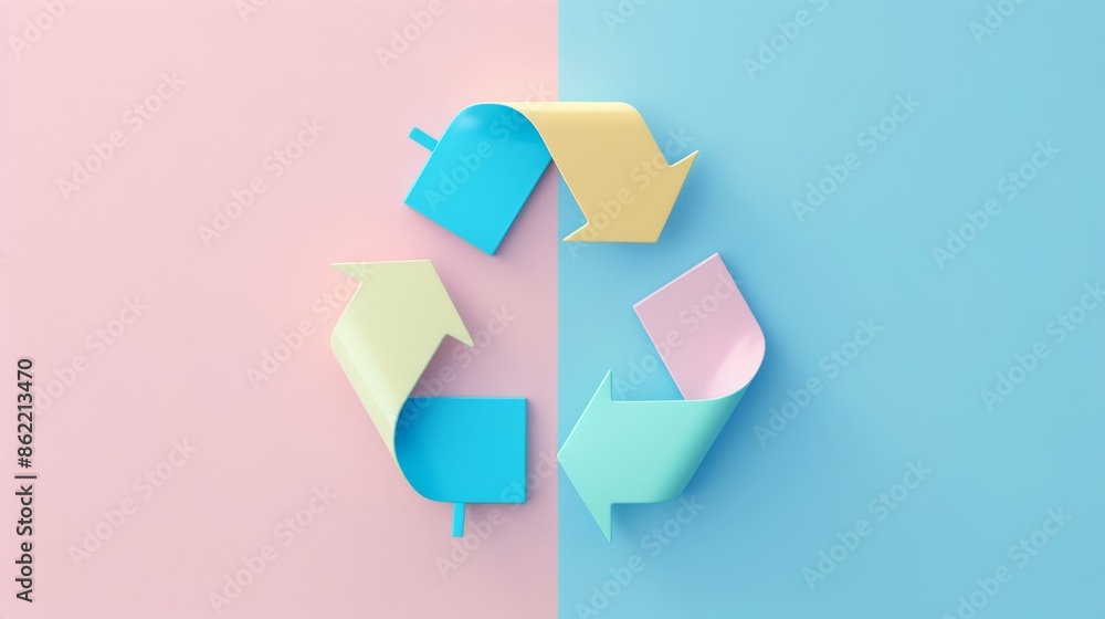 Recycling logo, top view, 3D render, environmental impact, sweet pastel ...