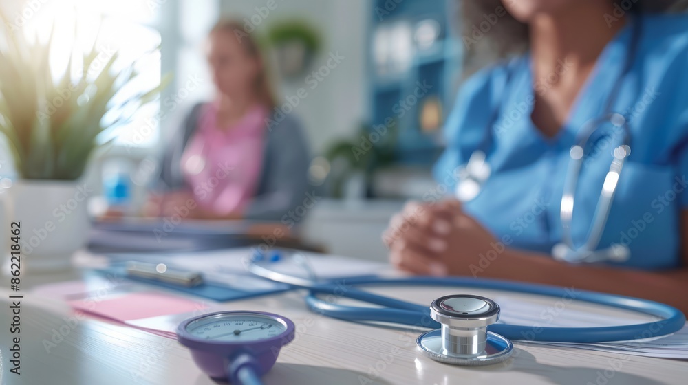 nurse using a stethoscope to check a patient's heart rate, with a blood ...