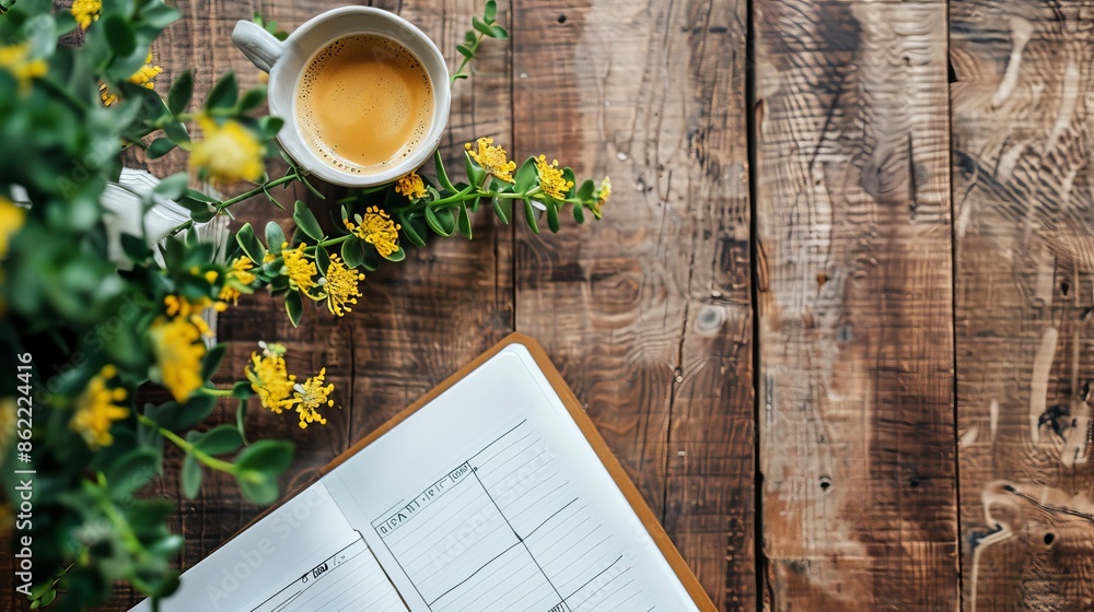 Motivational morning routine with a coffee cup, habit tracker, and ...