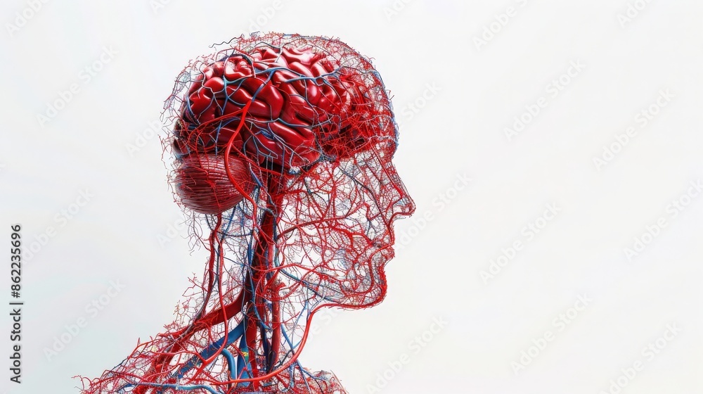 3D illustration of human brain and vascular system showing veins and ...
