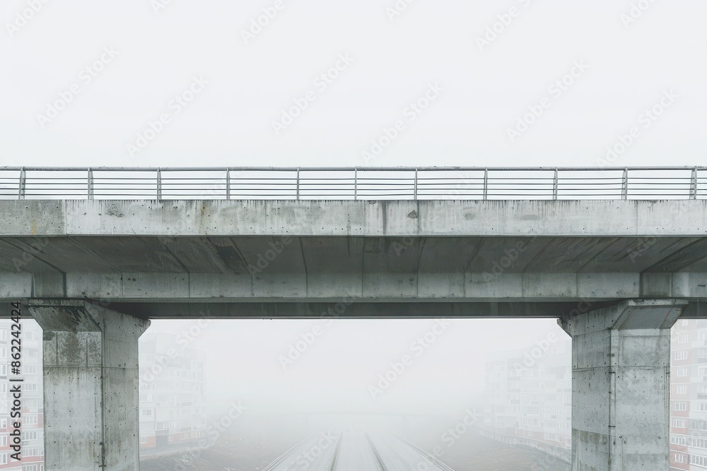 Concrete overpass bridge in a foggy urban setting with an industrial ...