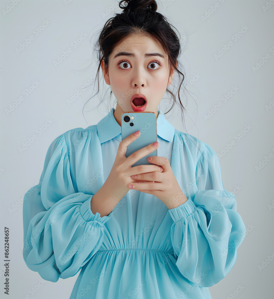 The woman looked at his smartphone with expressions of joy and shock ...