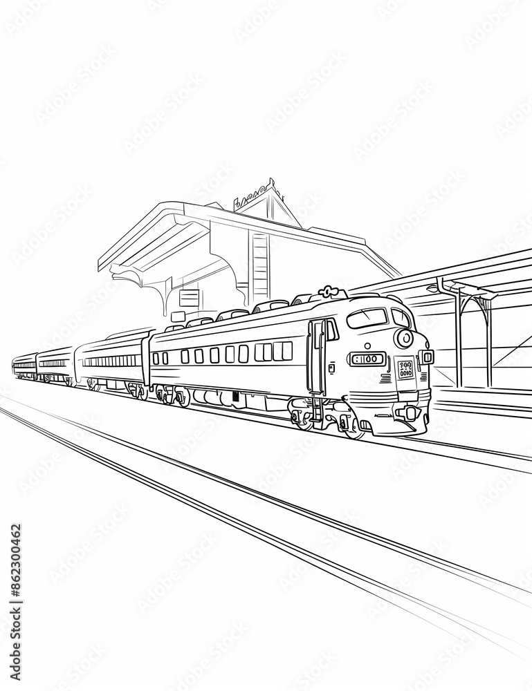 Train on the Railway - Printable Transportation Line Art: Black and ...