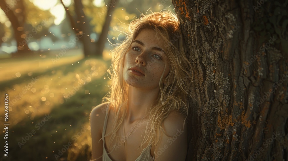 Scandinavian Woman with Blonde Hair Taking Refuge Under a Tree in a ...