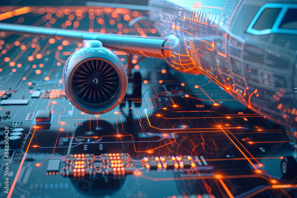 Aviation technology showcasing digital twins, with a microchip graphic ...