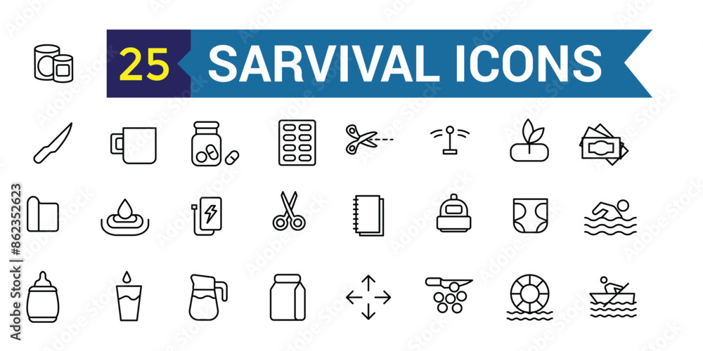 Survival icons set. Outline set of survival vector icons for ui design ...