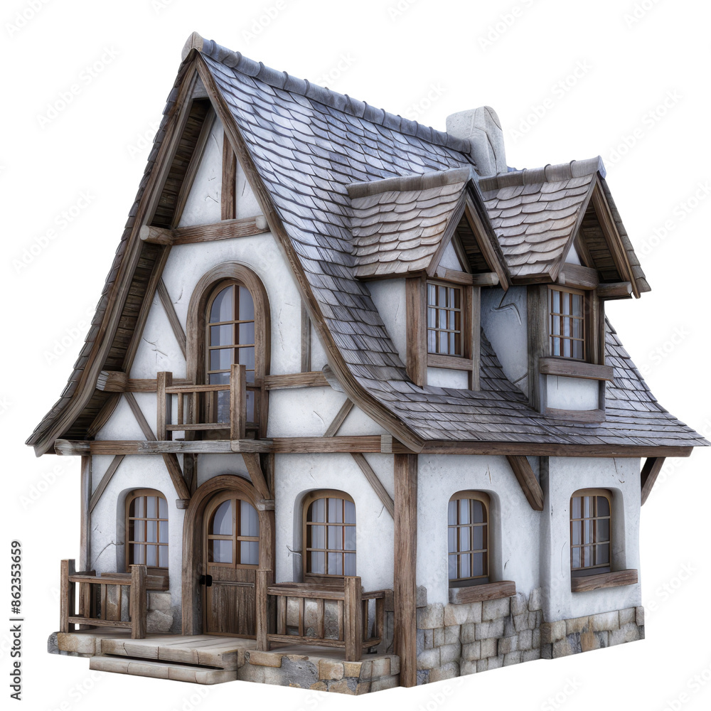 Tudor style house with arched windows and wooden beams on transparent ...