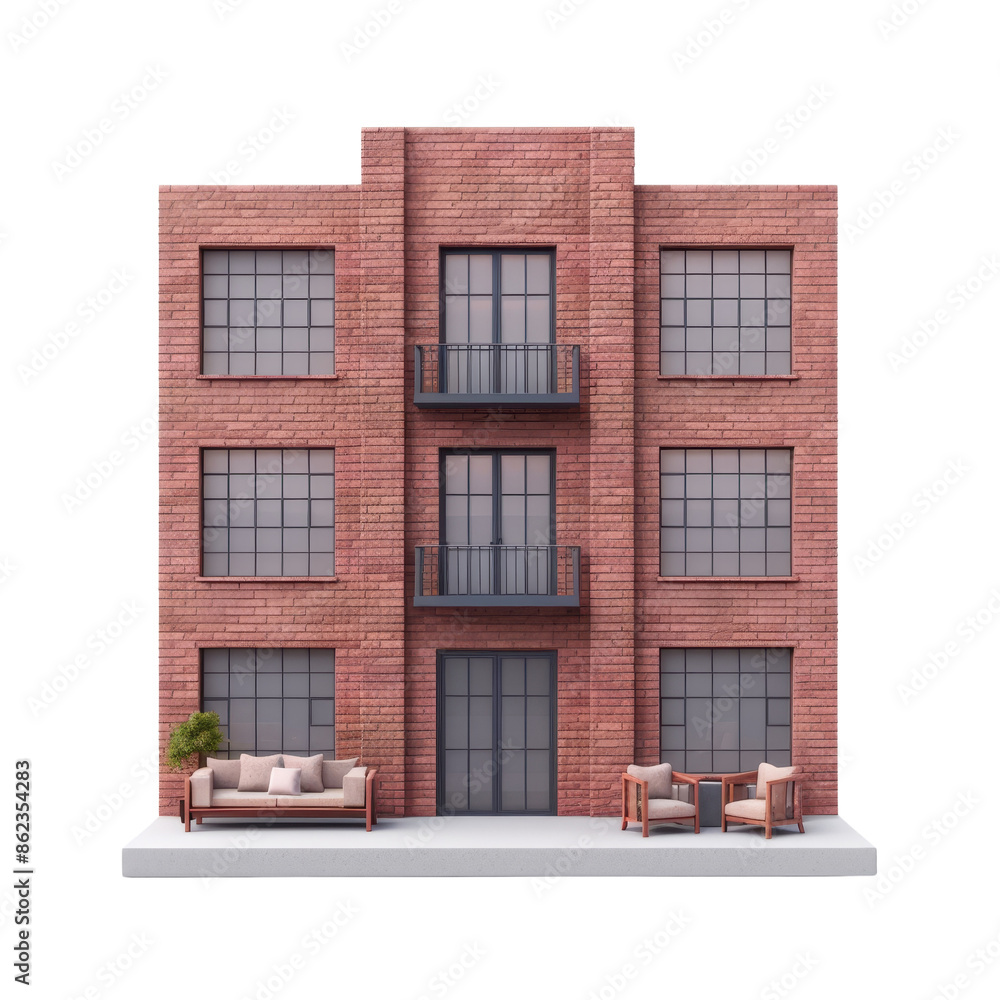 Modern brick apartment building with balconies on transparent ...