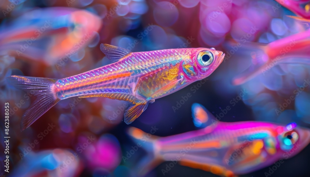 Capture an image of transgenic fish, such as GloFish, in an aquarium ...