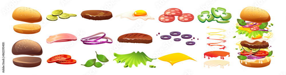Hamburger ingredient kit for fast food constructor. Cartoon vector ...