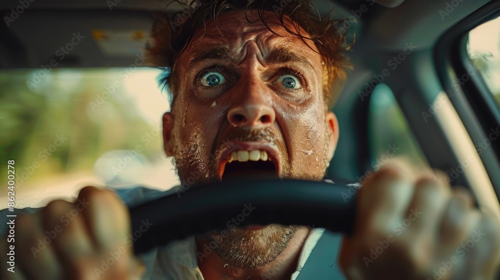 young man showing panic symptoms while driving. He has parked his car ...