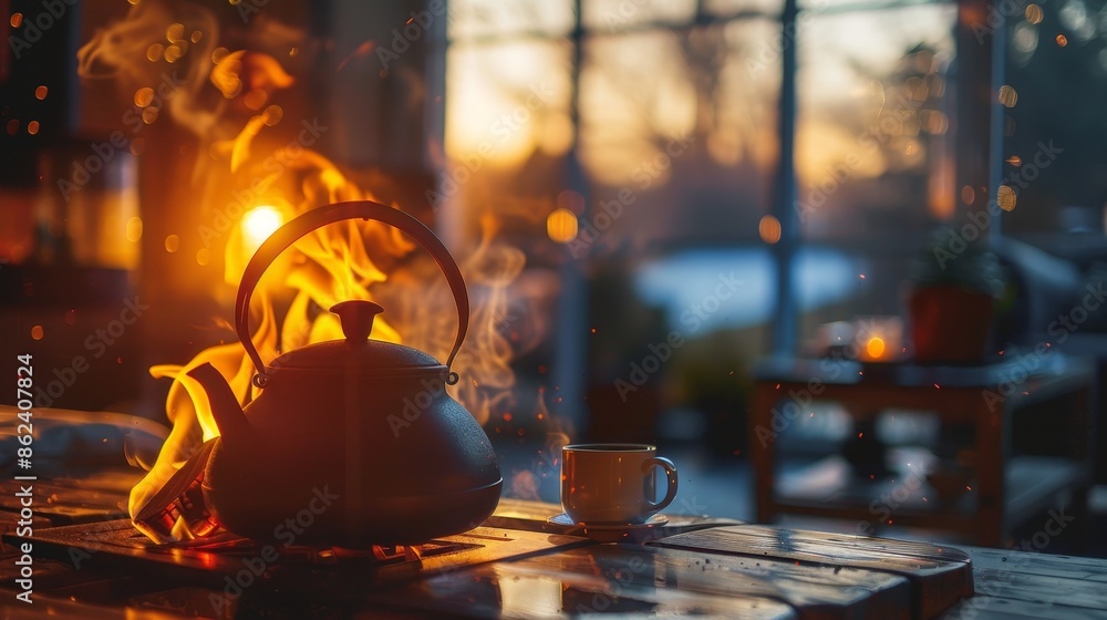 Kettle boiling over open fire in a modern kitchen, raw and immersive ...