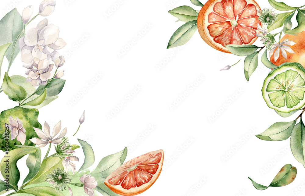 Half and whole grapefruit mixed jasmine flowers in watercolor isolated banner. Hand drawn ...