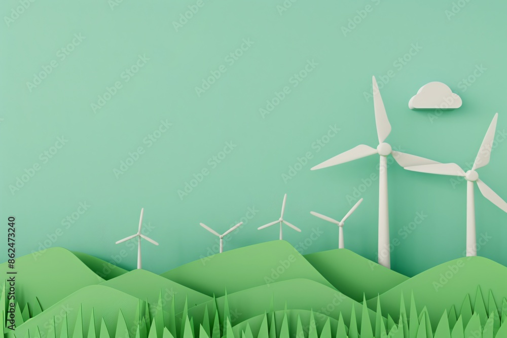 Papercraft wind turbine paper art with green hills and blue sky ...