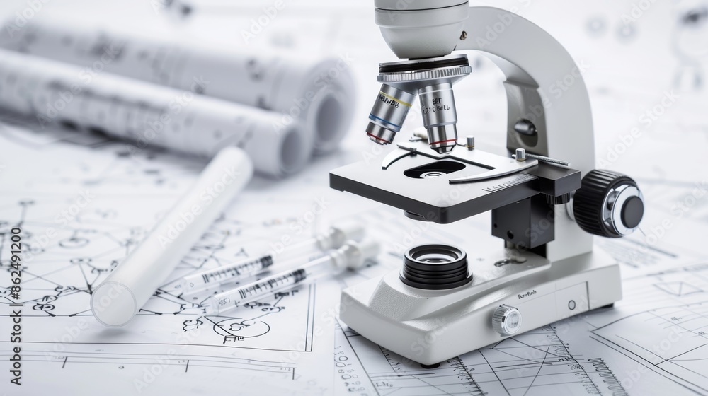 Microscope and biology diagrams on a lab desk High quality images Stock ...