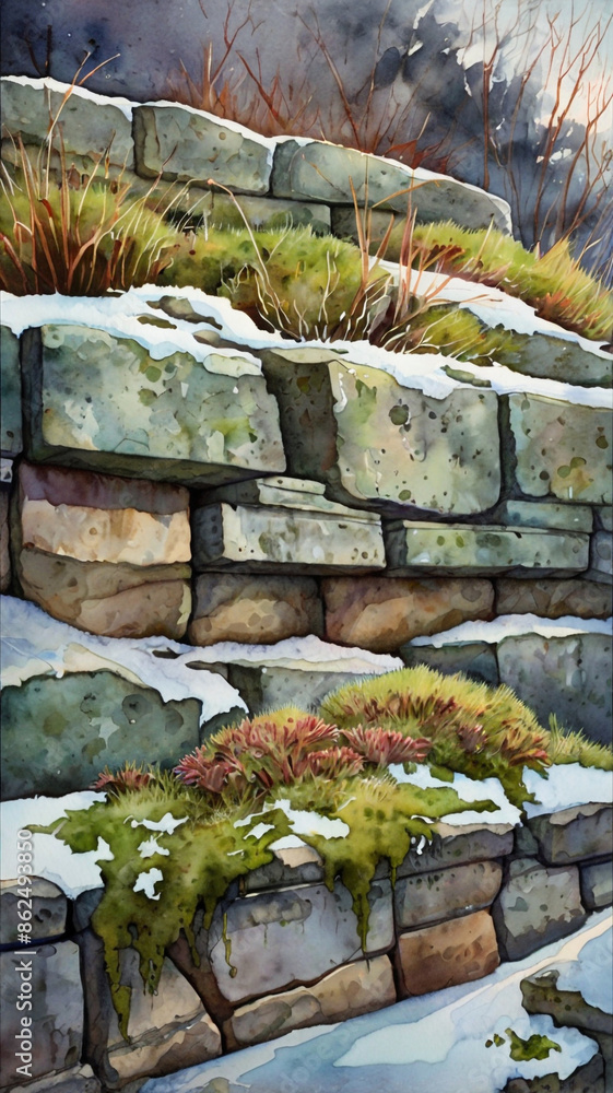 Watercolor painting: A stone wall, with patches of hardy lichen and ...
