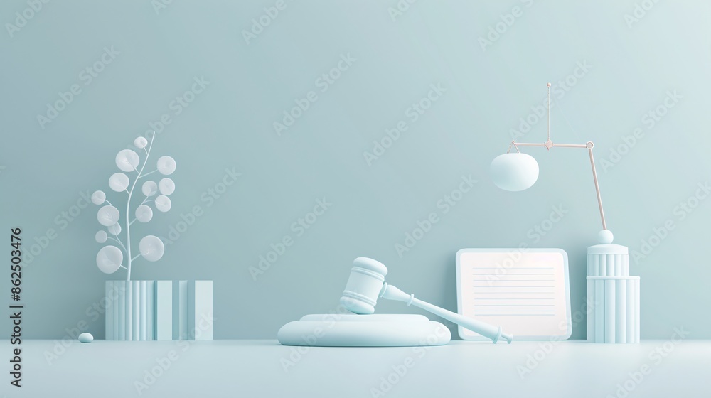 A virtual courtroom scene featuring a digital gavel hovering over a ...