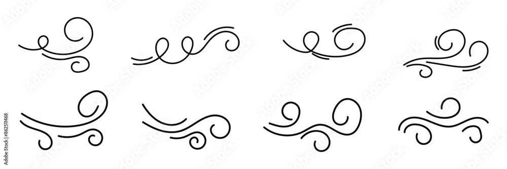 Wind doodle line shape set air wind flow spiral curve hand drawn doodle ...