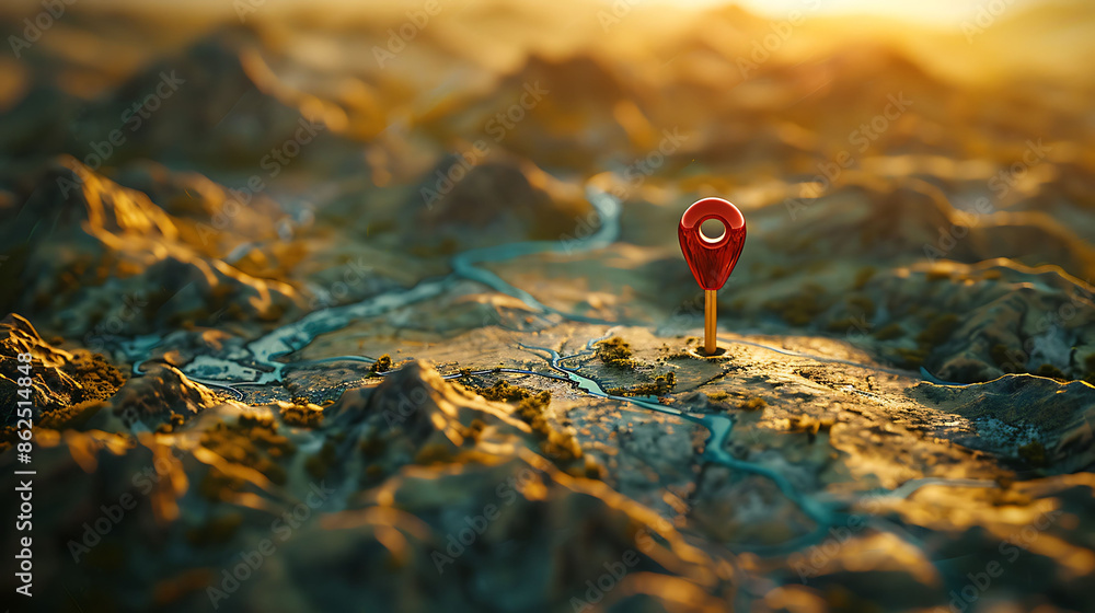 Red location pin marking destination on a textured map with mountains ...