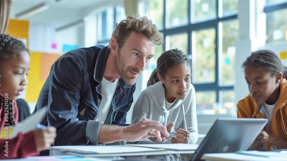 Portrait of teacher teaching about AI at digital classroom ...