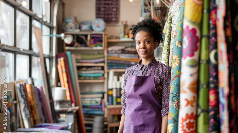 portrait of a friendly fabric store owner. A black woman in her 30s ...
