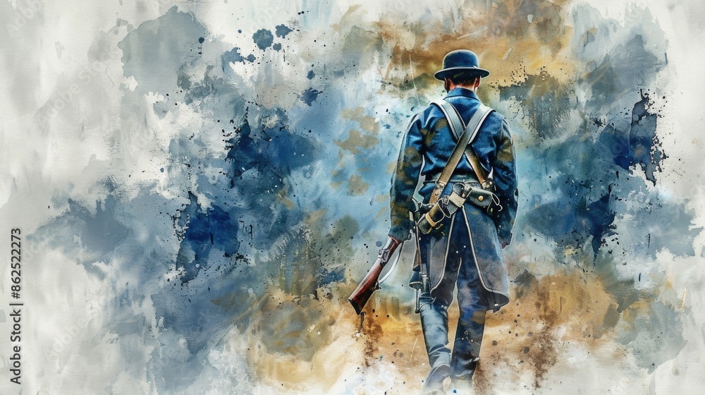 Watercolor illustration of a civil war soldier. Canvas texture. Blue ...