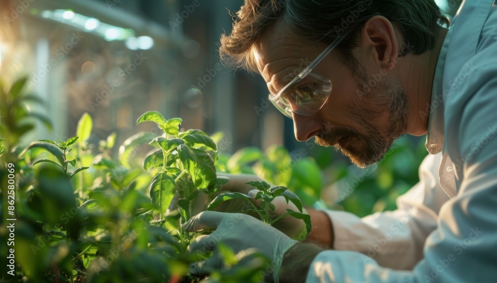 scientist in a greenhouse examining genetically edited plants, with a ...