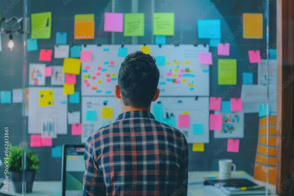 creative brainstorming scene developer at interactive whiteboard ...