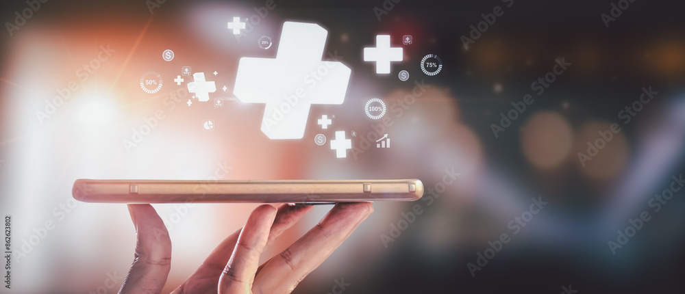plus sign icon floating in the air on hand It symbolizes the ...
