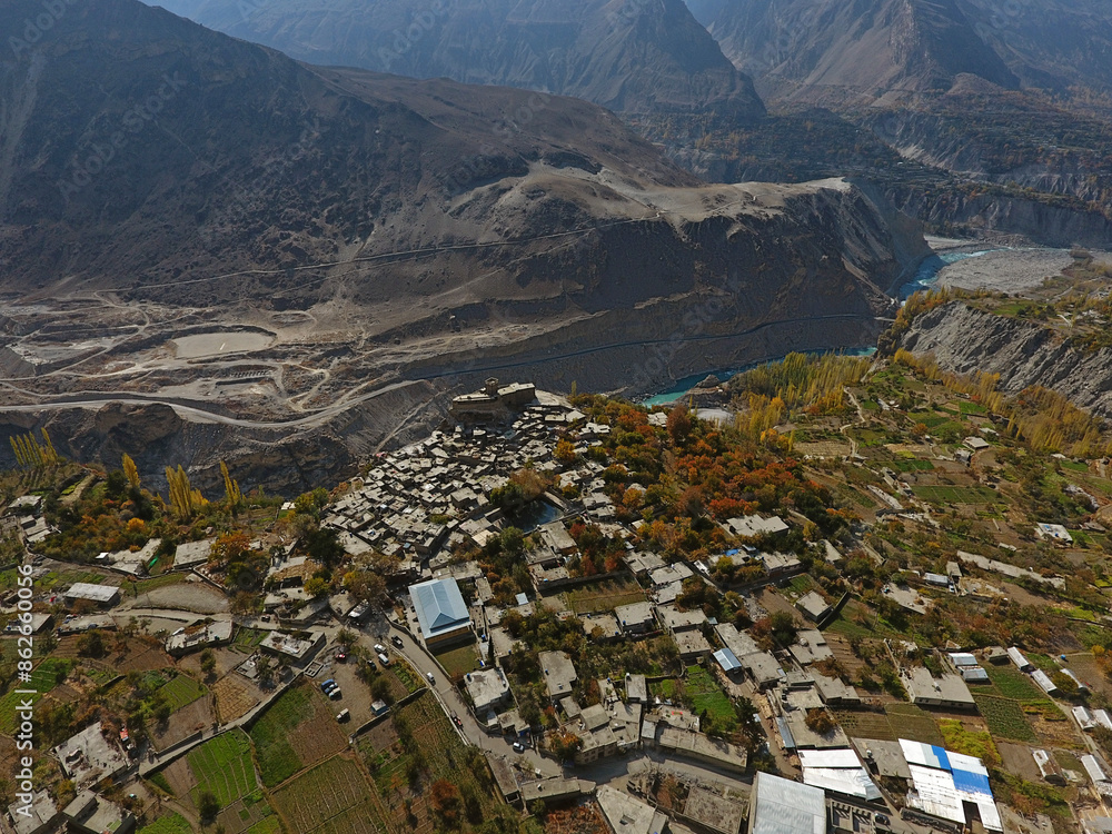 Aerial view of Himalayan peaks in Hopar Valley, Gilgit-Baltistan ...