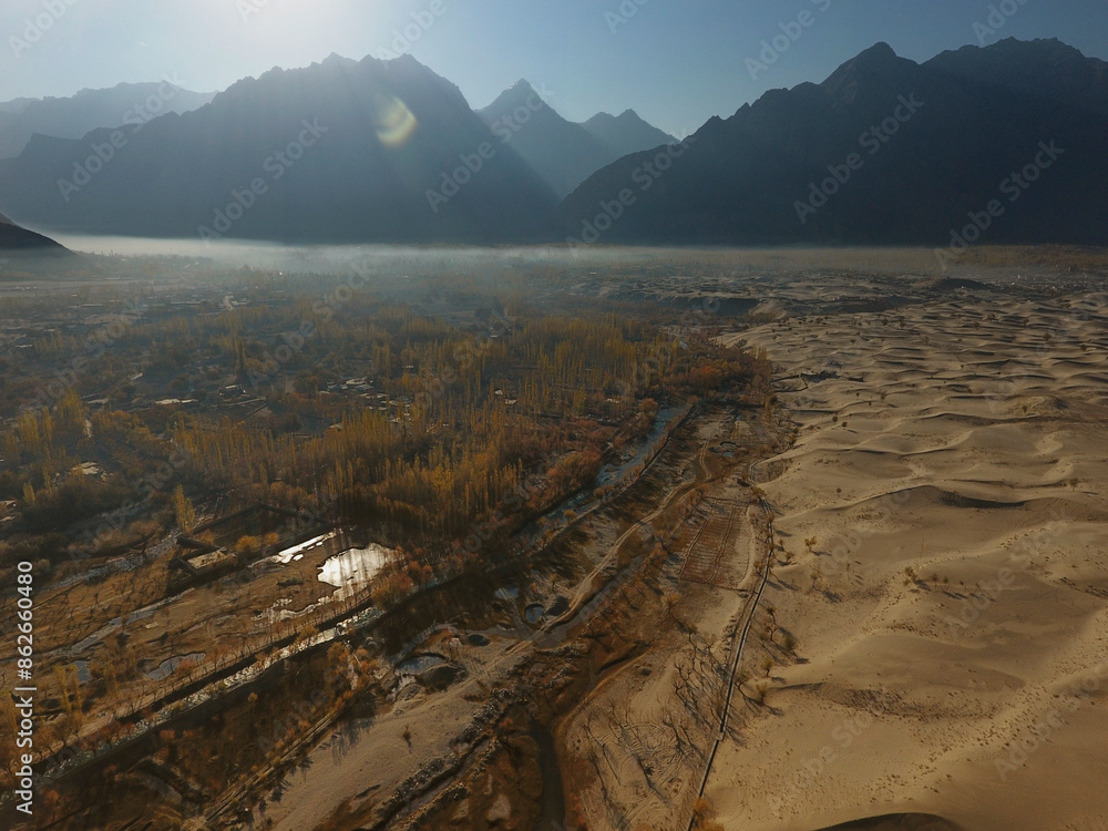 Aerial view of majestic desert mountains and sand dunes in Skardu ...