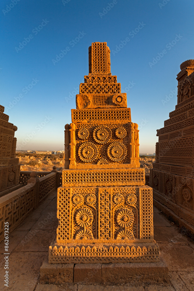 View of Chaukhandi tombs with intricate carvings and ancient stone ...