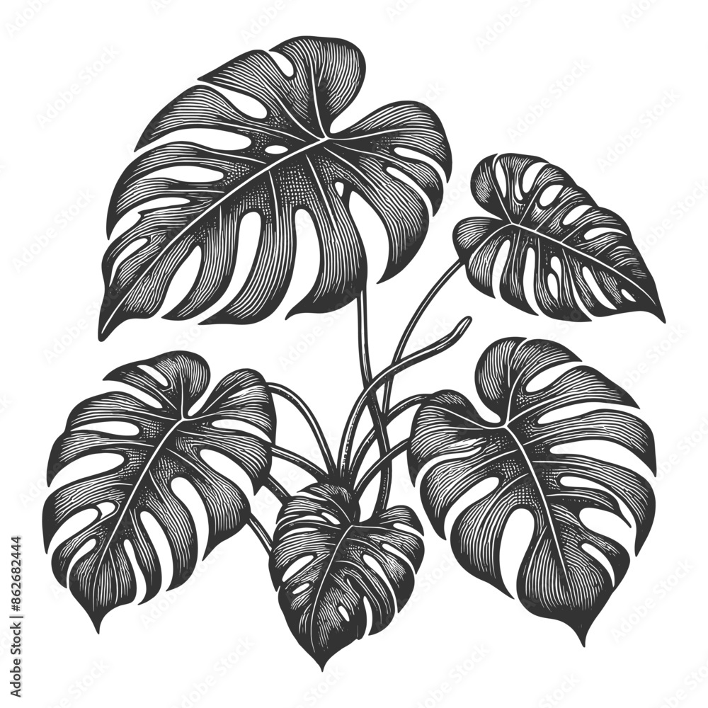 Monstera Deliciosa plant leaf, depicted in a detailed vintage engraving ...