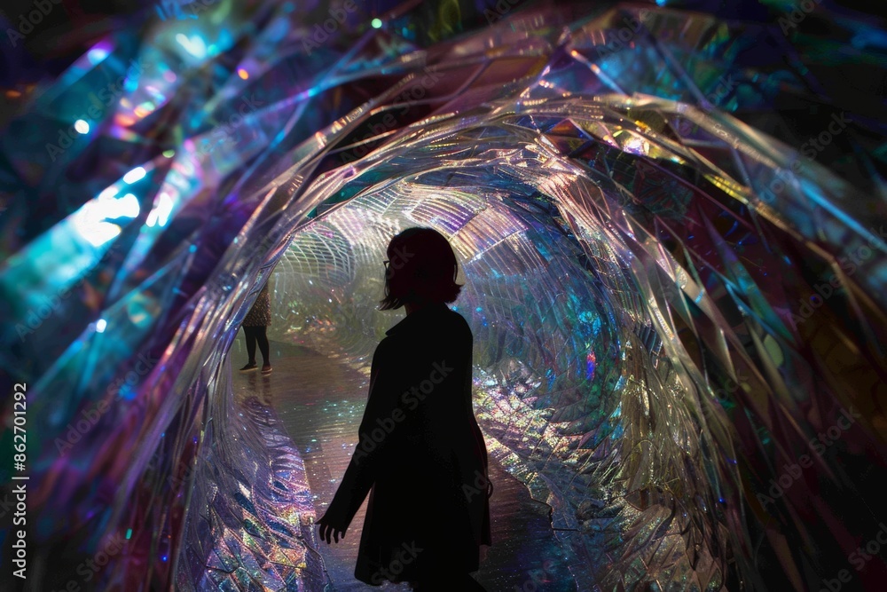 people visitors exploring an immersive art installation tunnel with ...
