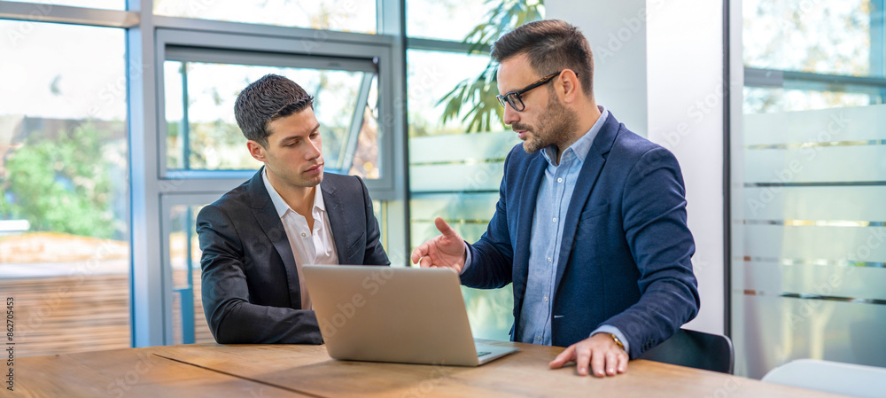 Businessman explaining something to a colleague using a laptop at ...