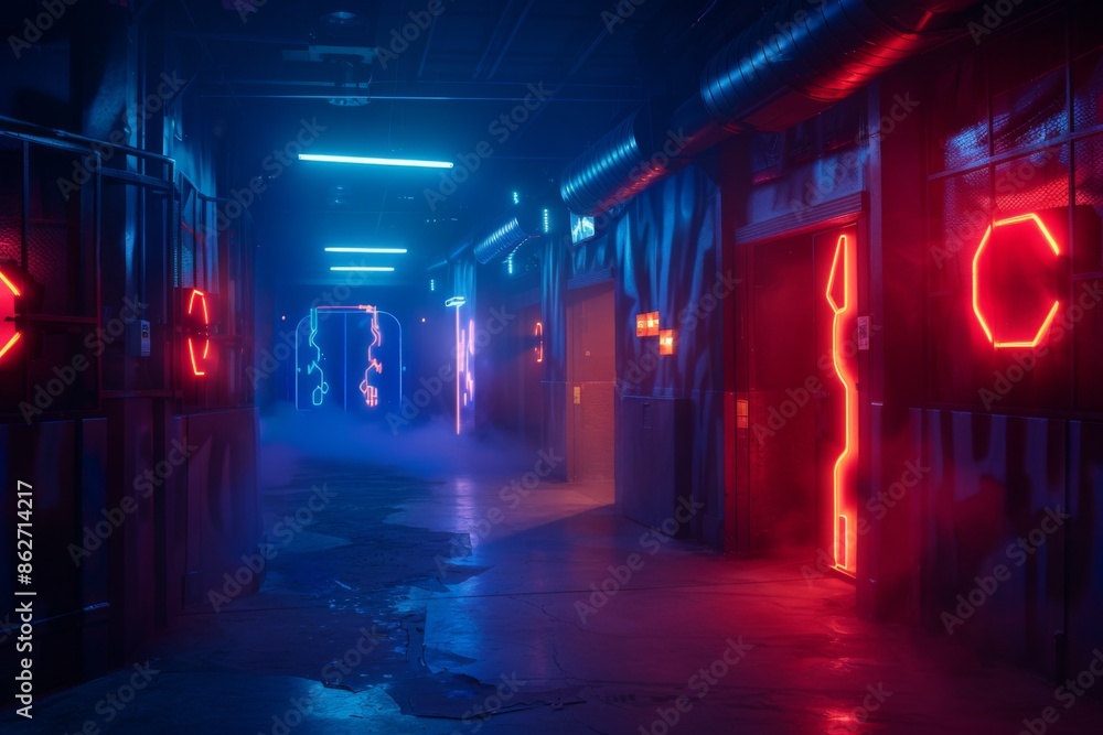 An atmospheric background with a laser tag arena at night, with the ...