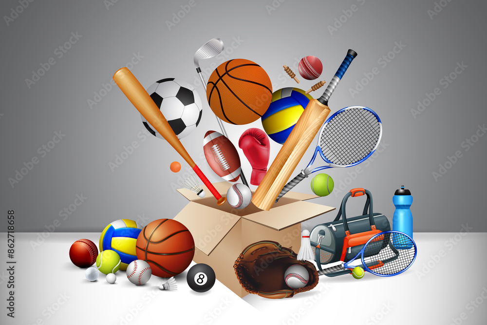 Sports equipment collection out of box with a football, basketball ...