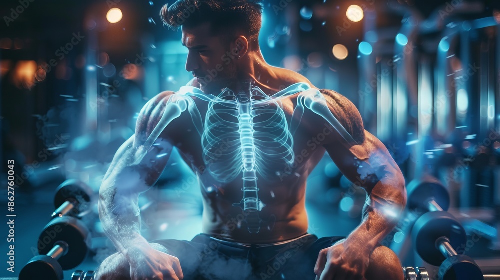 Powerful Fit Man with Digital X-Ray Effect in Gym. High-Tech Fitness ...