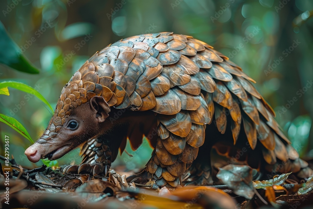 A pangolin walking across a forest floor, its body covered in hard ...