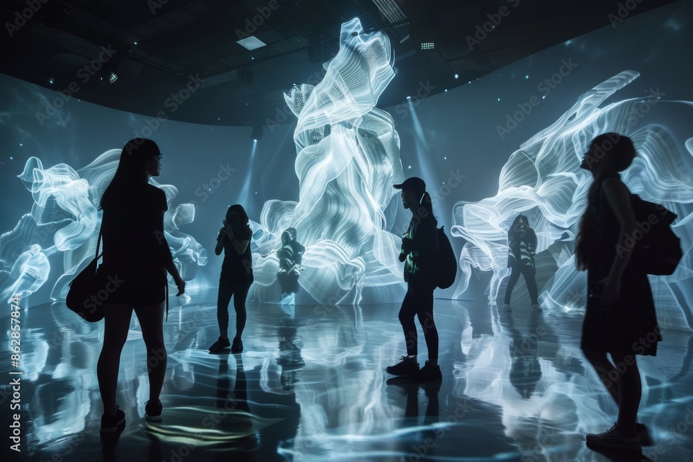 surreal experience of immersive art exhibit with people interacting ...