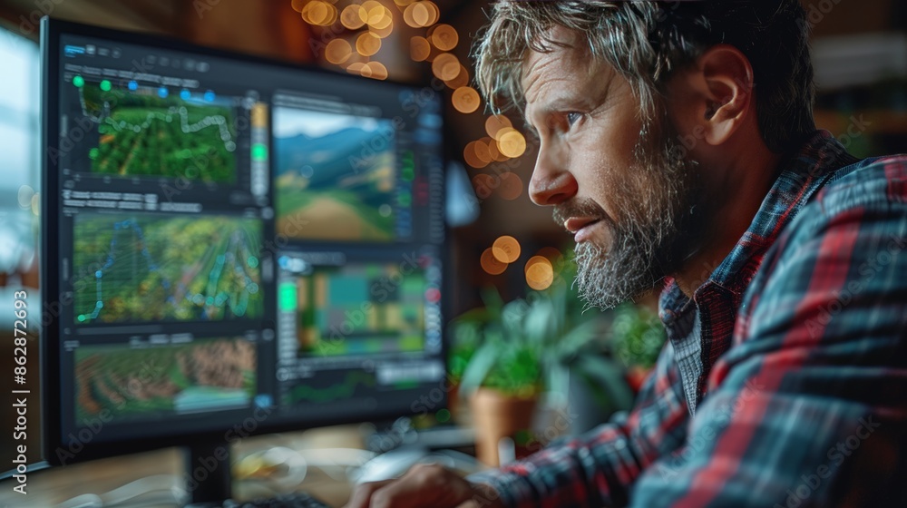 Data Analytics in Agriculture: a farmer analyzing data visualizations ...
