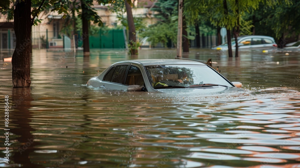 Car Driving Through Flooded Street During Heavy Rainfall, Encountering ...